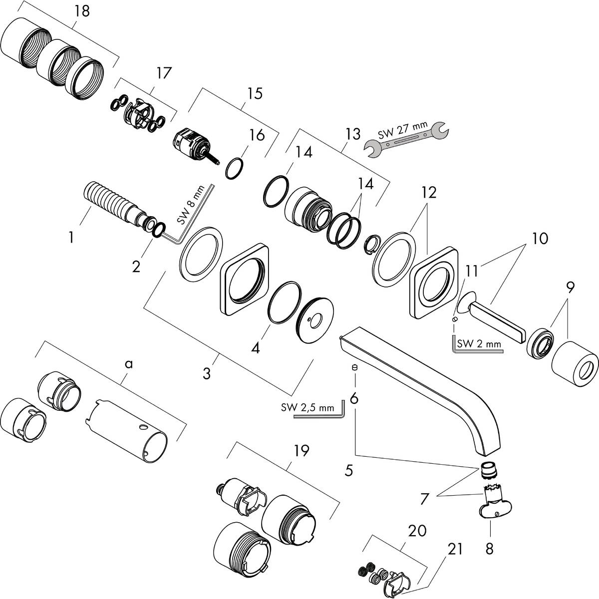 雅生 面盆龙头: 雅生奇特里奥 E, 暗装墙出水单把手面盆龙头，出水嘴221mm，带装饰盖和摇杆把手, 货号 36106007