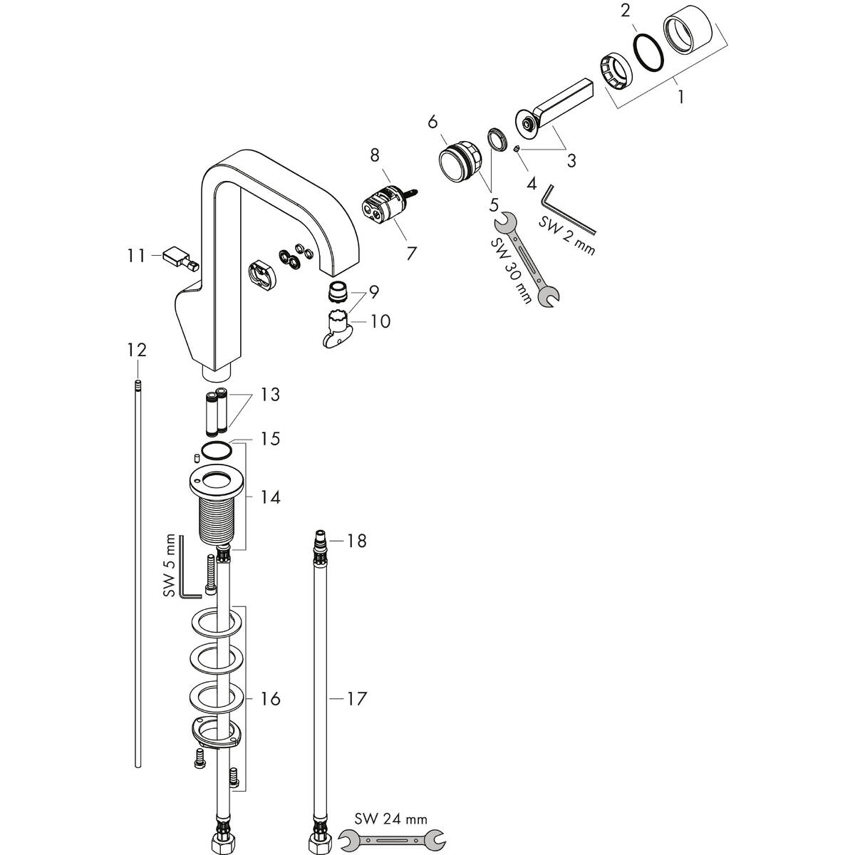 雅生 面盆龙头: 雅生奇特里奥, 单把手面盆龙头190，带摇杆把手和提拉落水套件, 货号 39034007
