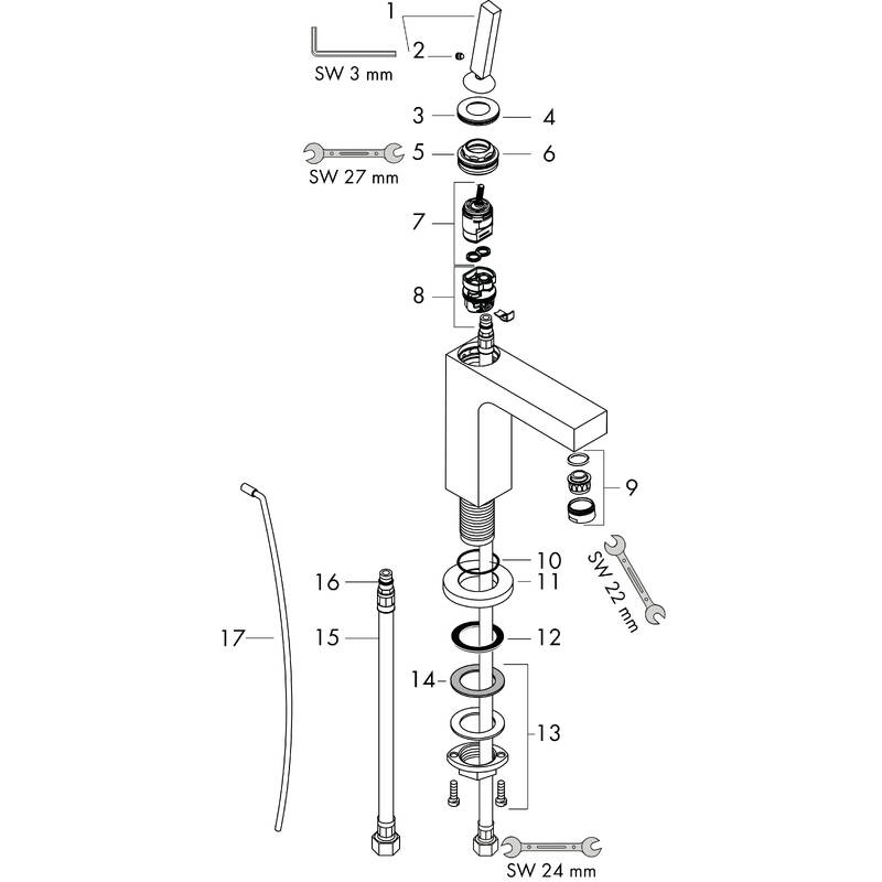 雅生 面盆龙头: 雅生奇特里奥, 单把手面盆龙头110，带摇杆把手和提拉落水套件, 货号 39010007