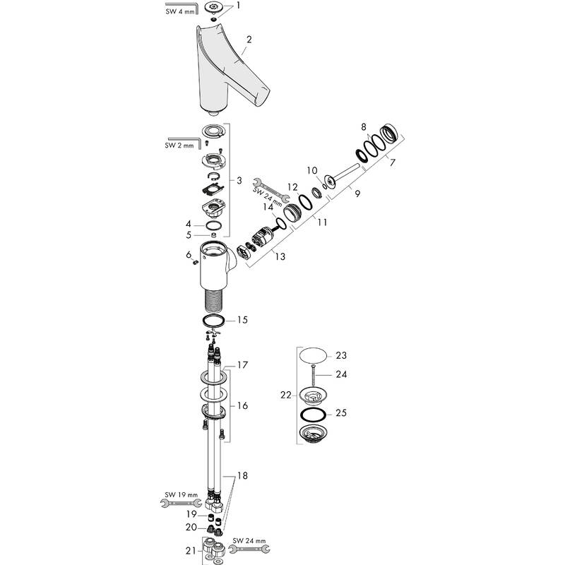 雅生 面盆龙头: 雅生斯达克 V, 单把手面盆龙头140，带玻璃出水嘴和长流水型落水套件, 货号 12112007