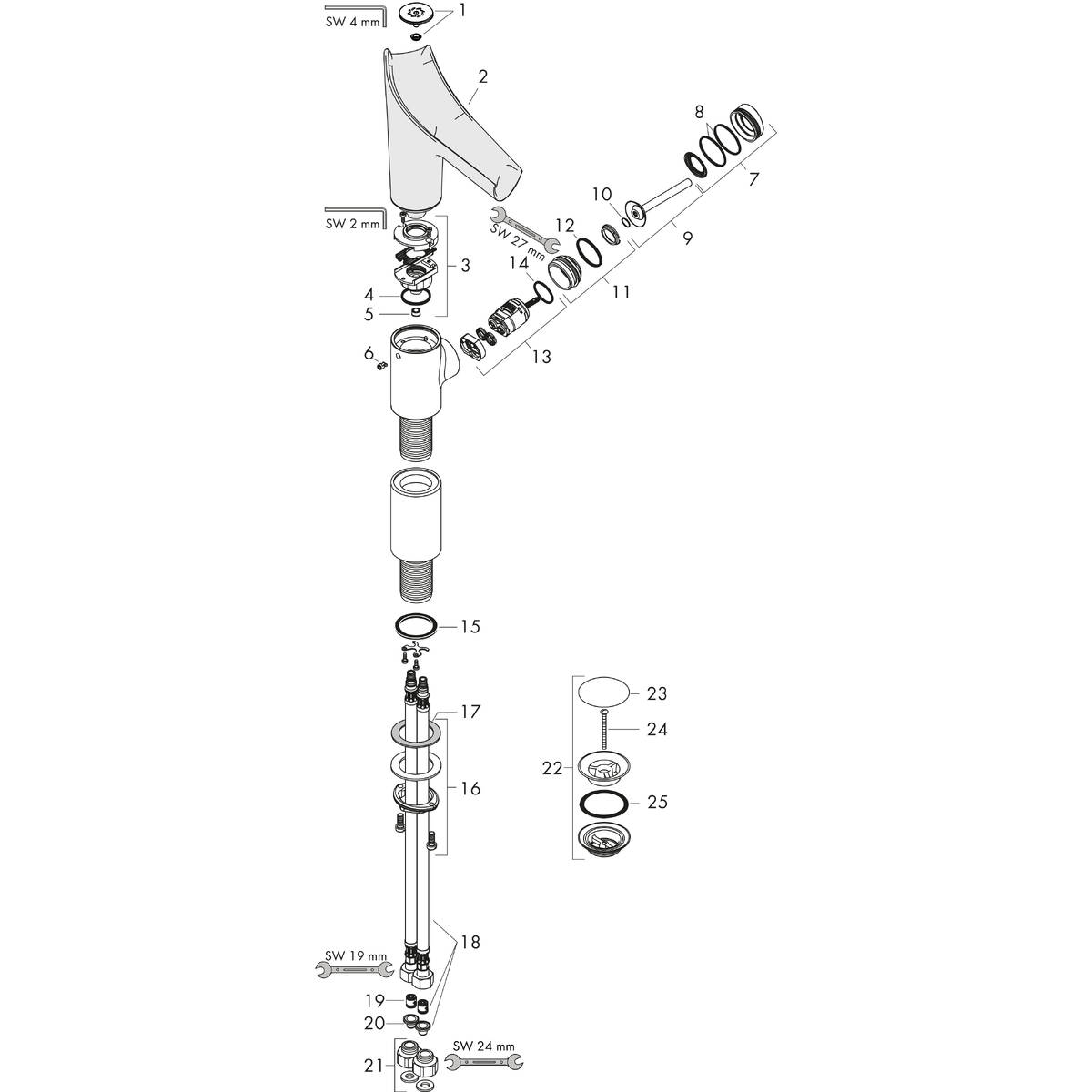 雅生 面盆龙头: 雅生斯达克 V, 单把手面盆龙头220，带玻璃出水嘴和长流水型落水套件, 货号 12114007