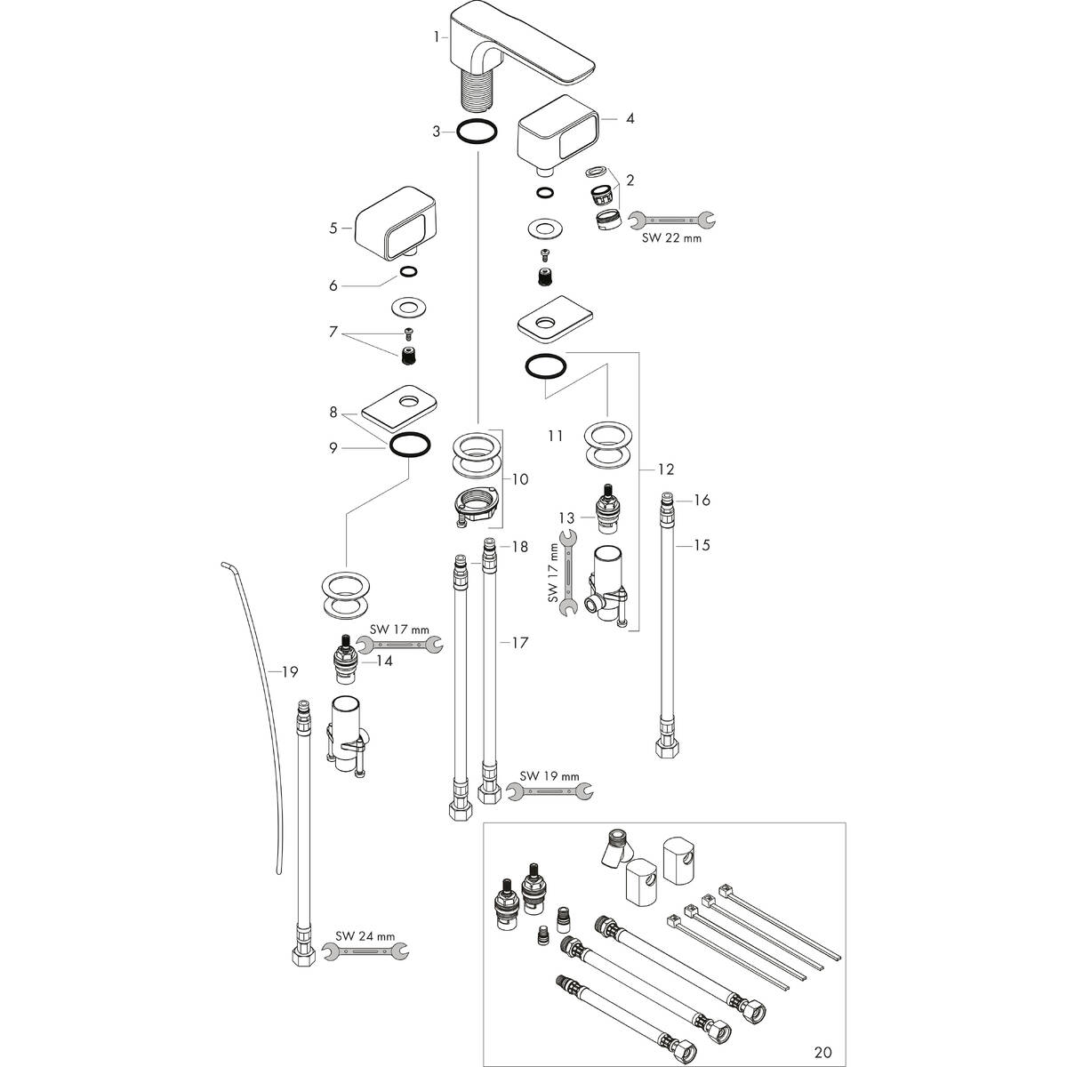 雅生 面盆龙头: 雅生奥奇拉, 三孔面盆龙头50，带装饰盖和提拉落水套件, 货号 11041007