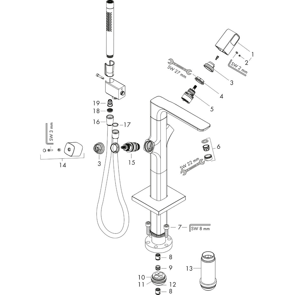 雅生奥奇拉 浴缸龙头: 两功能, 镀铬, 货号 11422007