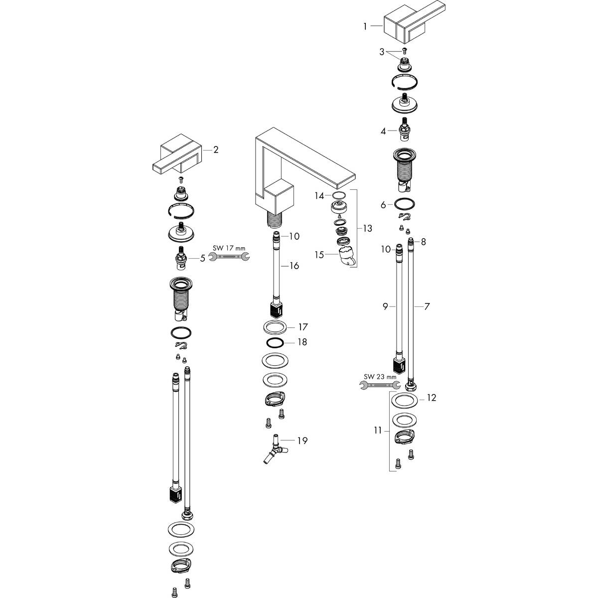 雅生 面盆龙头: 雅生锋芒, 三孔面盆龙头130，带按压落水套件 钻石切割版本, 货号 46051007