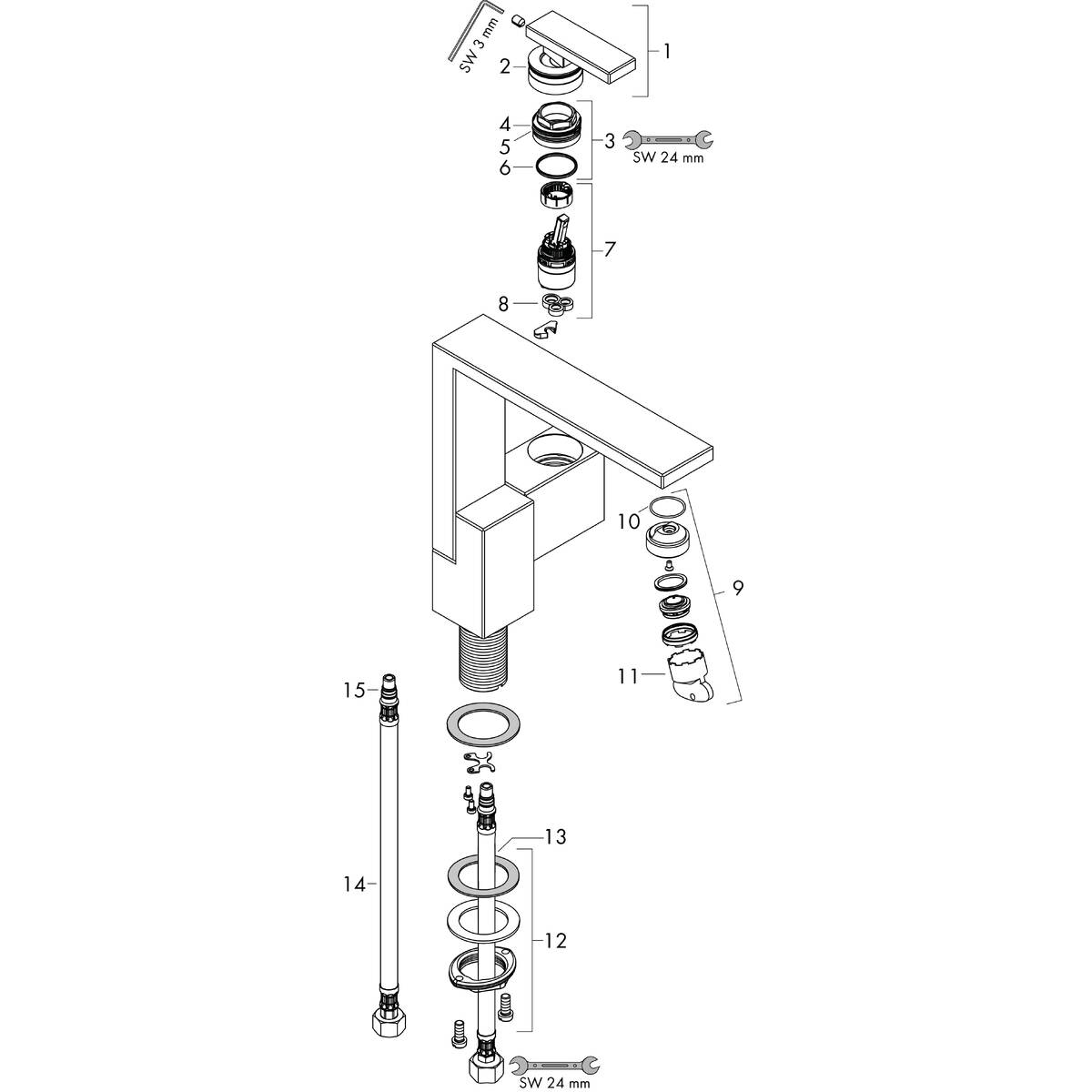 雅生 面盆龙头: 雅生锋芒, 单把手面盆龙头190，带按压落水套件 钻石切割版本, 货号 46021007