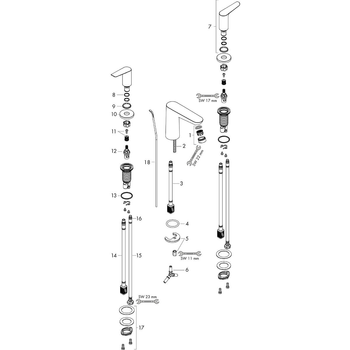 汉斯格雅 面盆龙头: 洛捷丝 E, 三孔面盆龙头100，带提拉落水套件, 货号 71163007