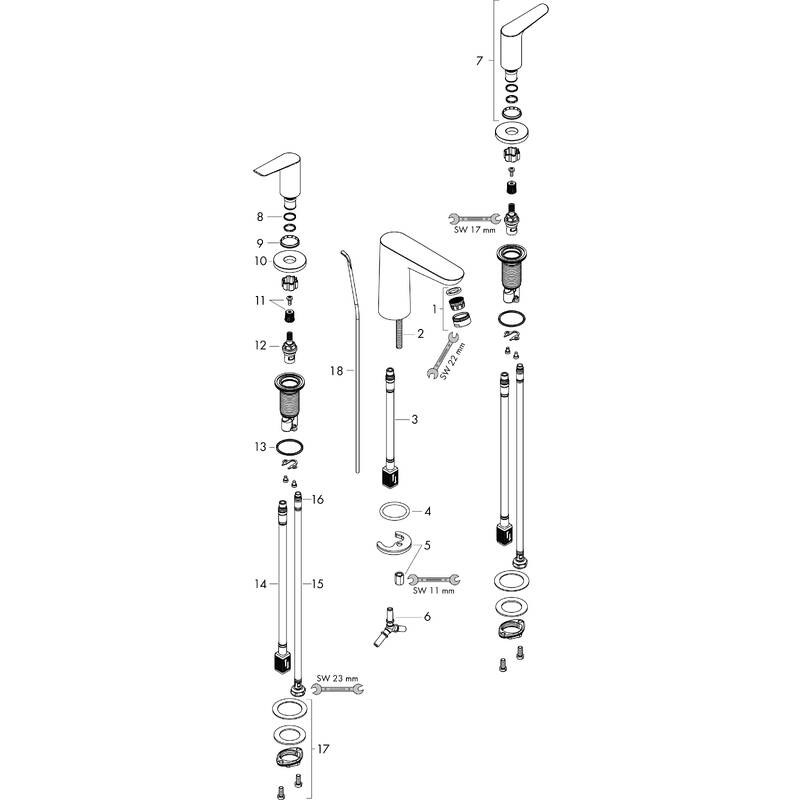 汉斯格雅 面盆龙头: 洛捷丝 E, 三孔面盆龙头100，带提拉落水套件, 货号 71163007