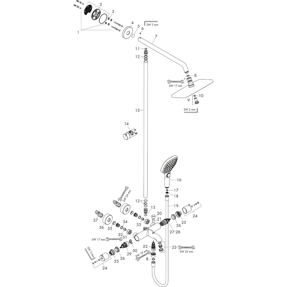 汉斯格雅 花洒管: 飞雨E, 单种出水模式, 货号 26777007