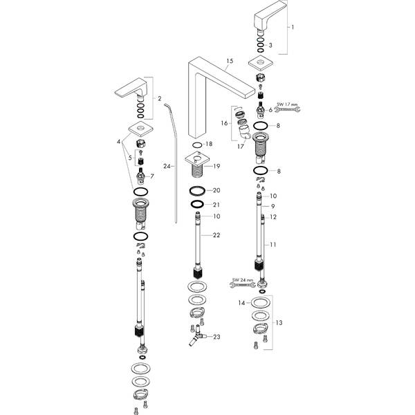 汉斯格雅 面盆龙头: 梦迪宝, 三孔面盆龙头160，带提拉落水套件, 货号 32517007