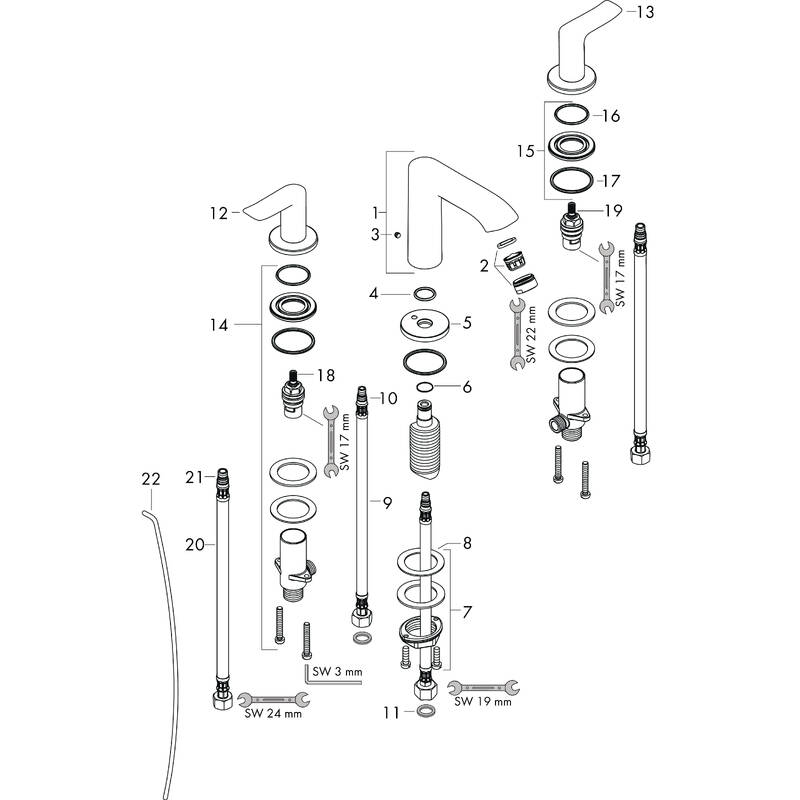 汉斯格雅 面盆龙头: 梦迪诗, 三孔面盆龙头100，带提拉落水套件, 货号 31083007