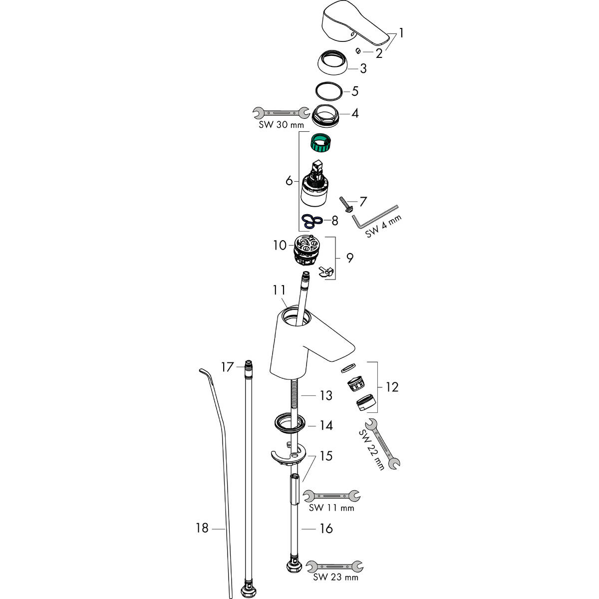 汉斯格雅 面盆龙头: MySport, 单把手面盆龙头L，带提拉落水套件, 货号 71111007