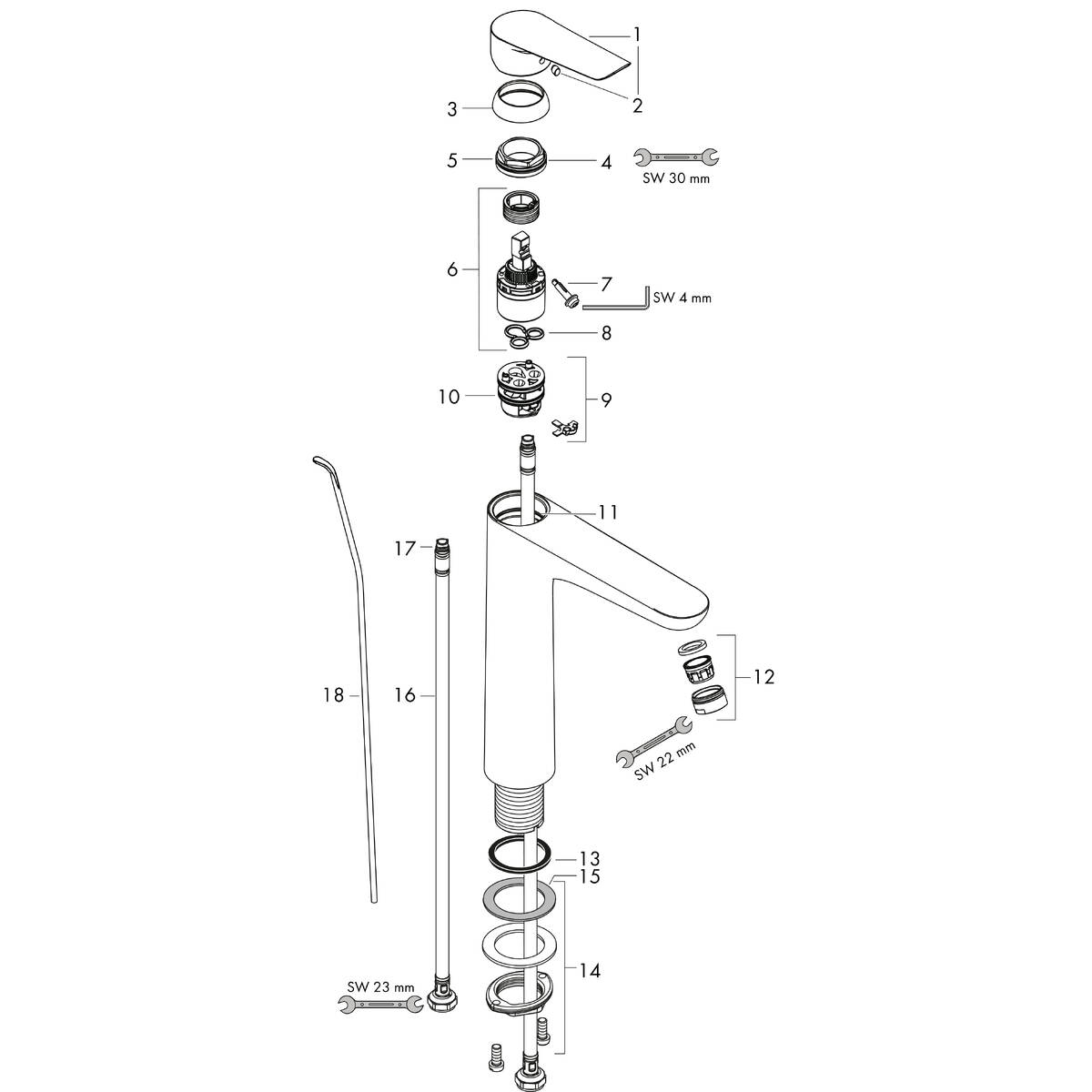 汉斯格雅 面盆龙头: 洛捷丝 E, 单把手面盆龙头230，带提拉落水套件, 货号 71162007