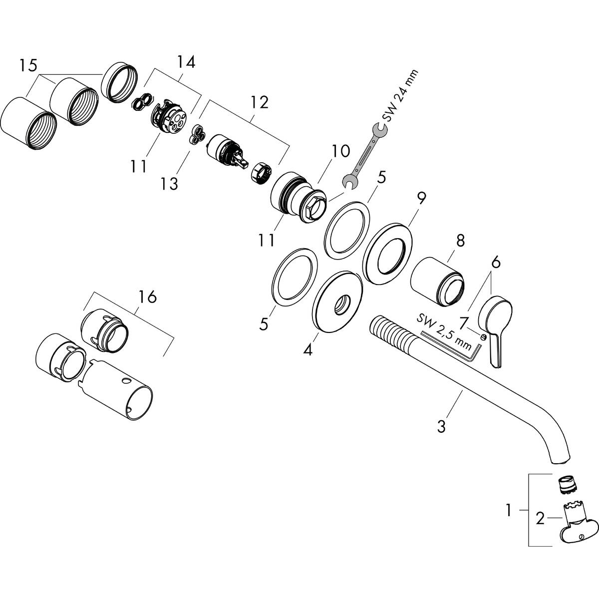 雅生 面盆龙头: 雅生 One, 暗装墙出水单把面盆龙头，出水嘴220mm，带一字把手, 货号 48120007