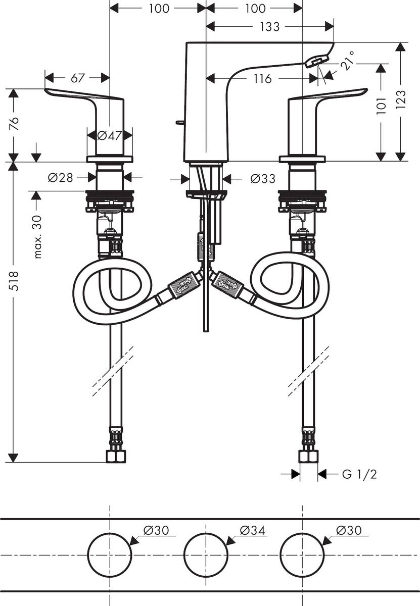 汉斯格雅 洛捷丝 E, 三孔面盆龙头 100带提拉落水, 货号 71163007 | hansgrohe CN