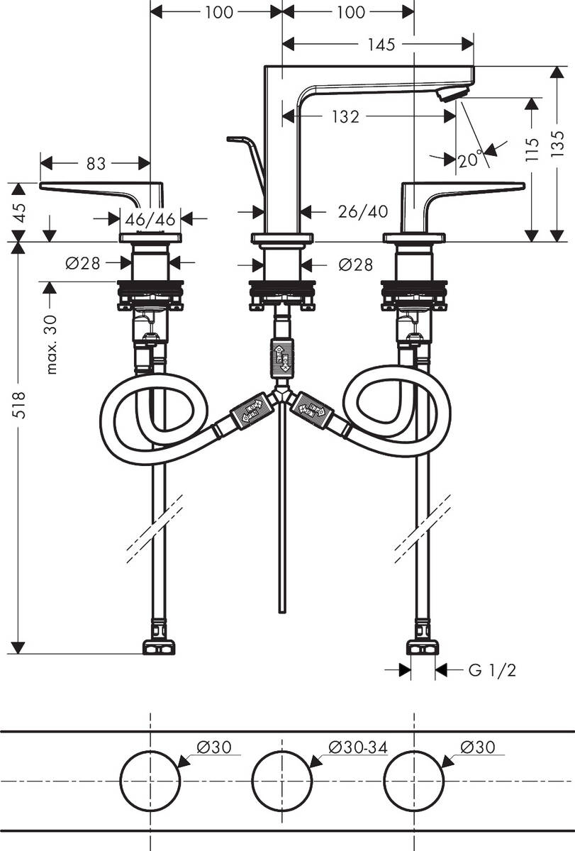 汉斯格雅 梦迪宝, 三孔面盆龙头 110带提拉落水, 货号 32516007 | hansgrohe CN