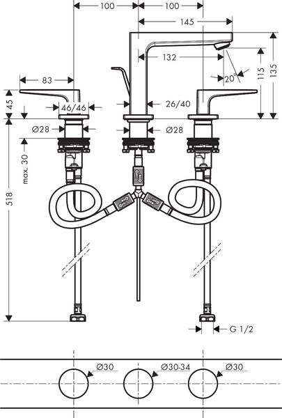 汉斯格雅 梦迪宝, 三孔面盆龙头 110带提拉落水, 货号 32516007 | hansgrohe CN